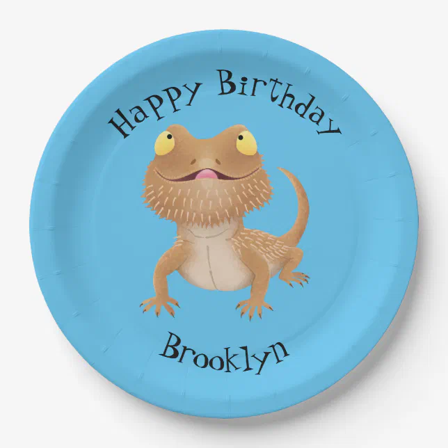 Cute personalised bearded dragon lizard birthday paper plate | Zazzle