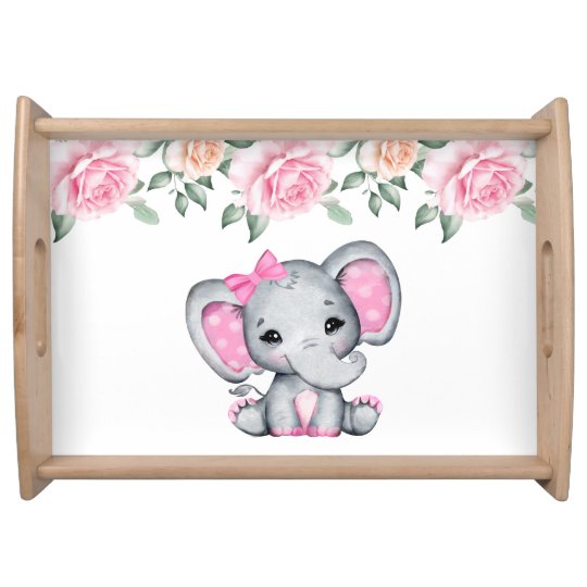 Cute Pink Baby Elephant and Roses Border Serving Tray | Zazzle.co.uk