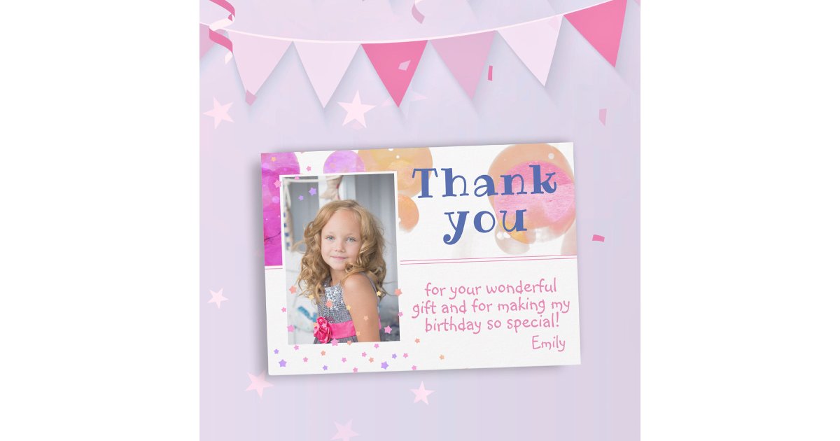 Cute Pink Bubbles Girly Photo Birthday Thank You Card | Zazzle