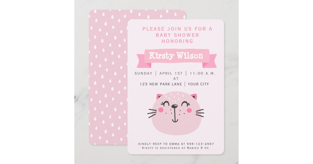 Cute Pink Cat | Baby Shower Invitation | Zazzle