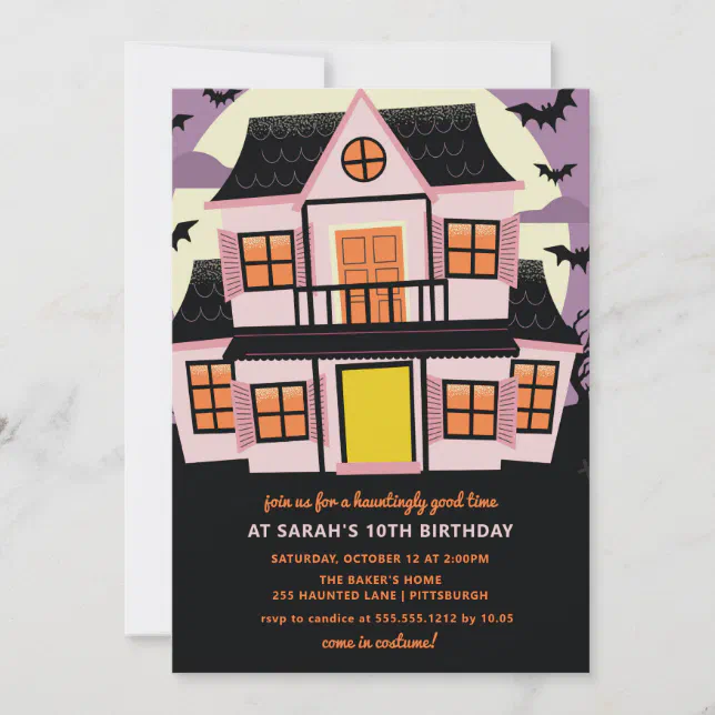 Cute Pink Haunted House Birthday Party Invitation | Zazzle
