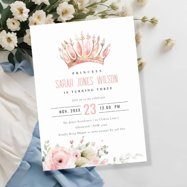 Cute Pink Princess Crown Tiara Floral Birthday Invitation | Zazzle