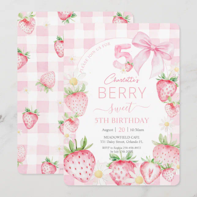 Cute Pink Strawberries Berry Sweet 5th Birthday Invitation | Zazzle