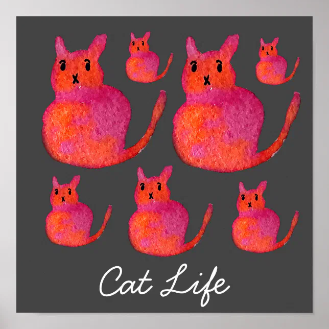 Cute pink whimsical cat watercolor illustration poster | Zazzle