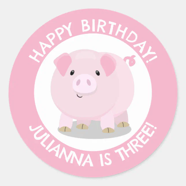 Cute potbelly pig cartoon personalised birthday classic round sticker ...