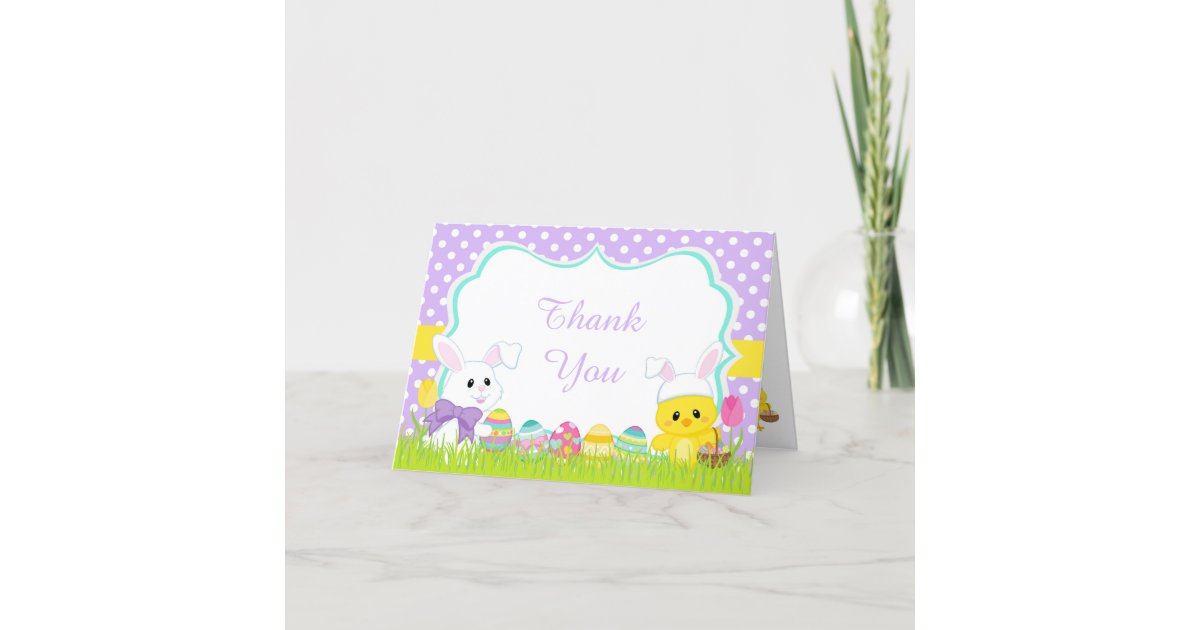 Cute Purple Easter Bunny and Chick Easter Egg Hunt Thank You Card | Zazzle