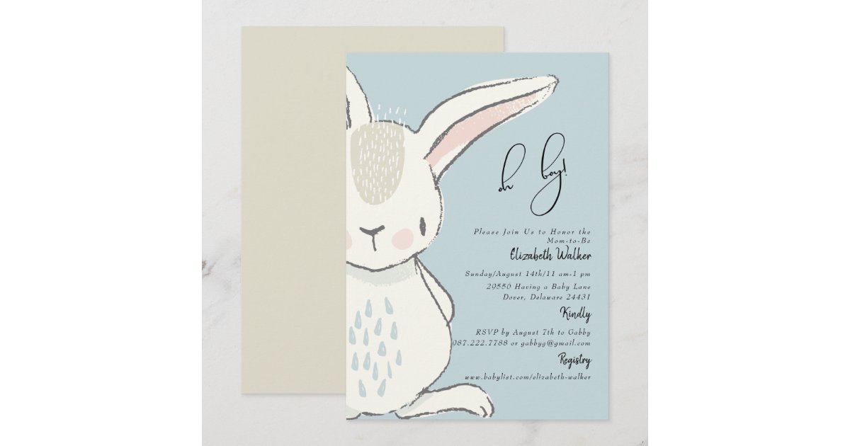 Cute Rabbit Dusty Blue Baby Shower Invitation | Zazzle
