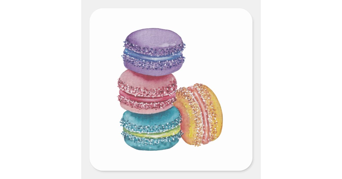 Cute Rainbow Macaroons In Watercolor Square Sticker | Zazzle