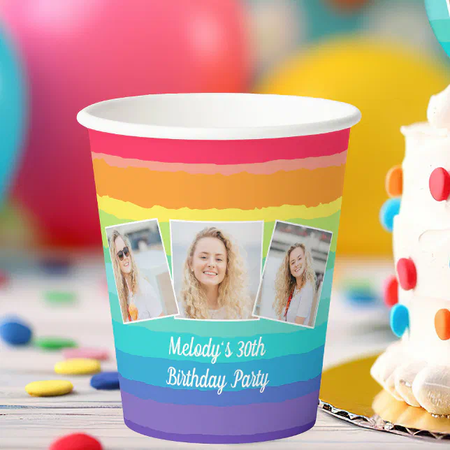 Cute Rainbow Photo Collage Custom Birthday Party Paper Cups | Zazzle