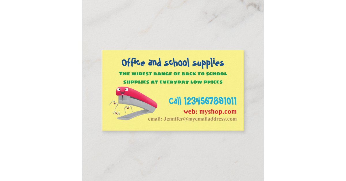 Cute red happy stapler cartoon illustration business card | Zazzle
