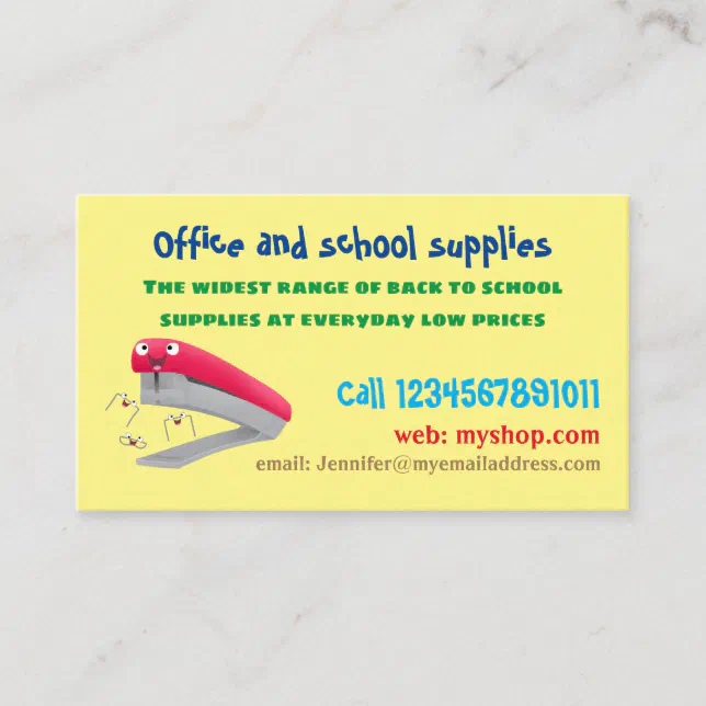 Cute red happy stapler cartoon illustration business card | Zazzle