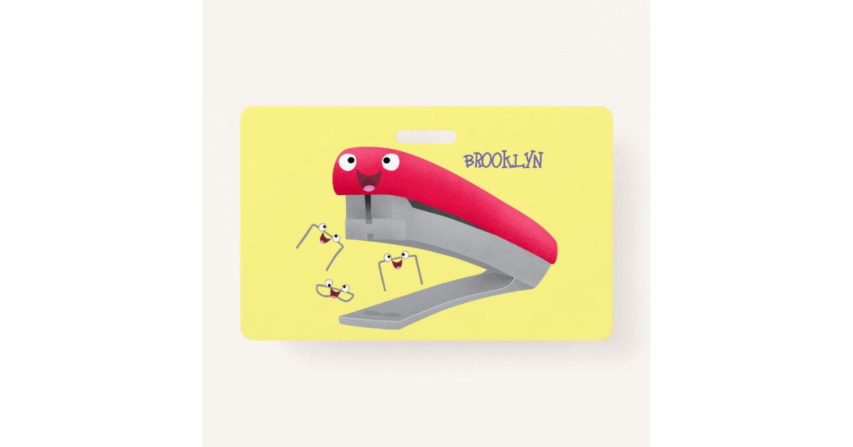 Cute red happy stapler cartoon illustration ID badge | Zazzle