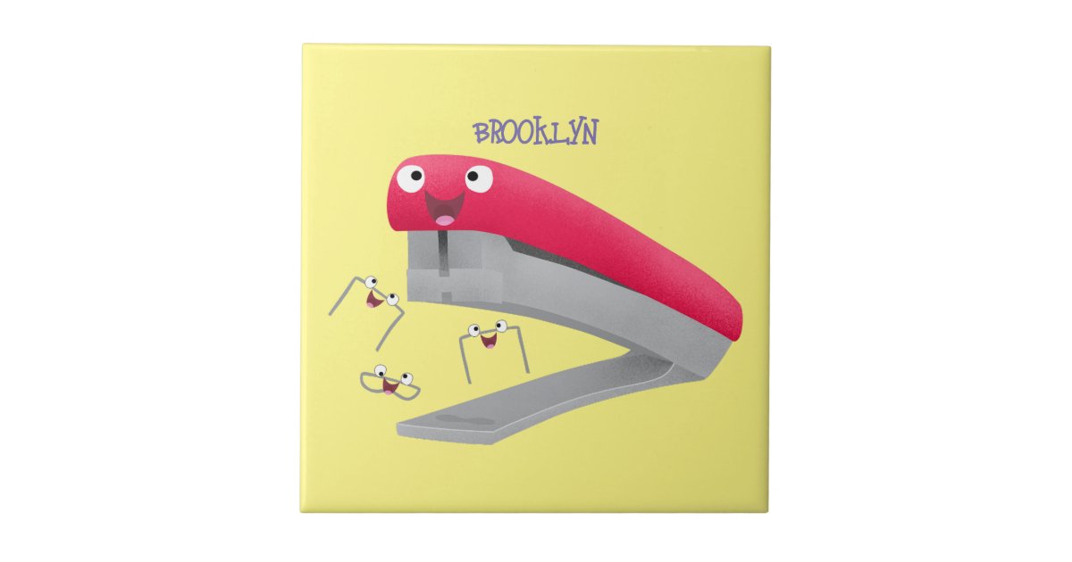 Cute red happy stapler cartoon illustration tile | Zazzle