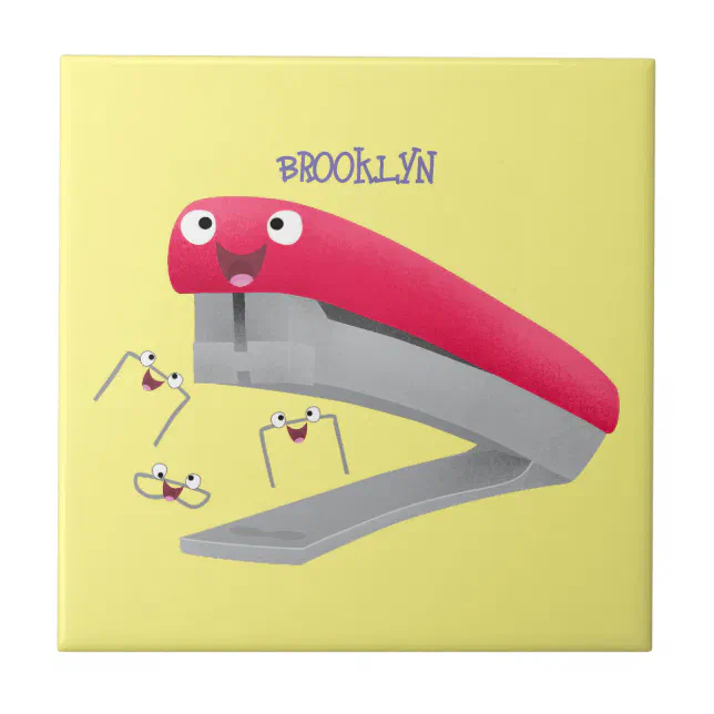 Cute red happy stapler cartoon illustration tile | Zazzle