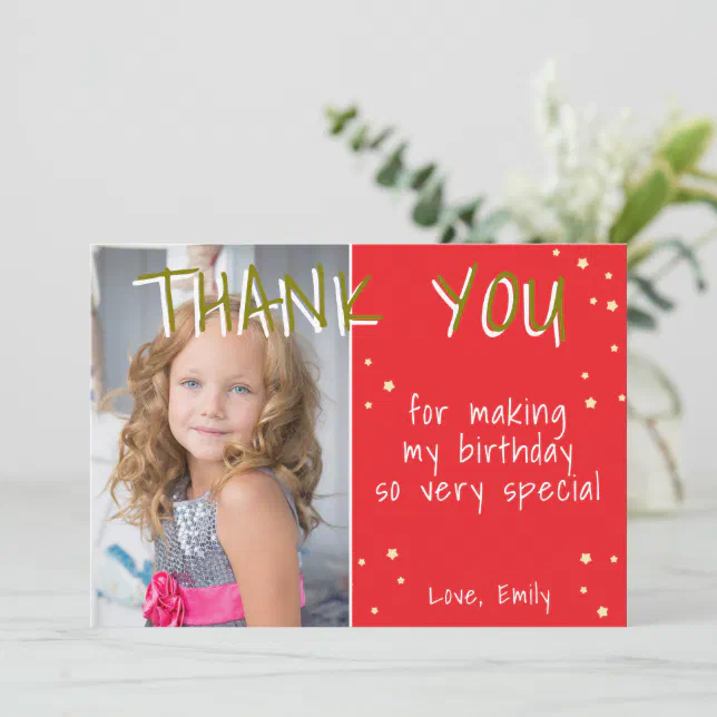 Cute Red Star Girl Photo Birthday Thank You Card | Zazzle