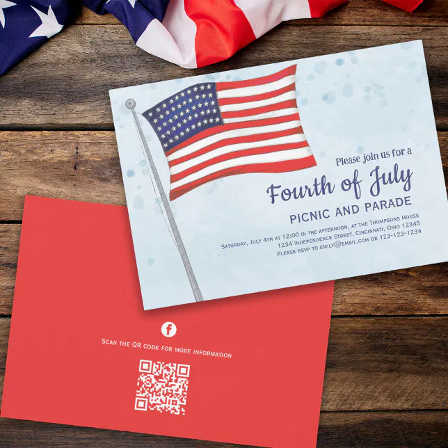 Cute Red White Blue Fourth Of July Flag QR Code Invitation | Zazzle