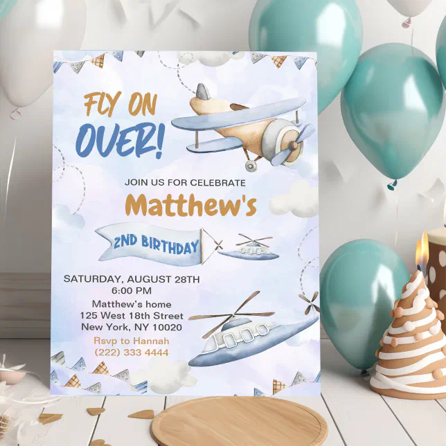 Cute Retro Blue Aeroplane Fly On Over 2nd Birthday Invitation | Zazzle