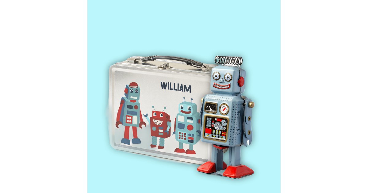 Cute Retro Robots Personalised Sci-Fi Metal Lunch Box | Zazzle