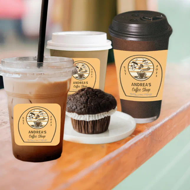 Cute Retro Style Trendy Coffee Shop Custom Logo Square Sticker | Zazzle