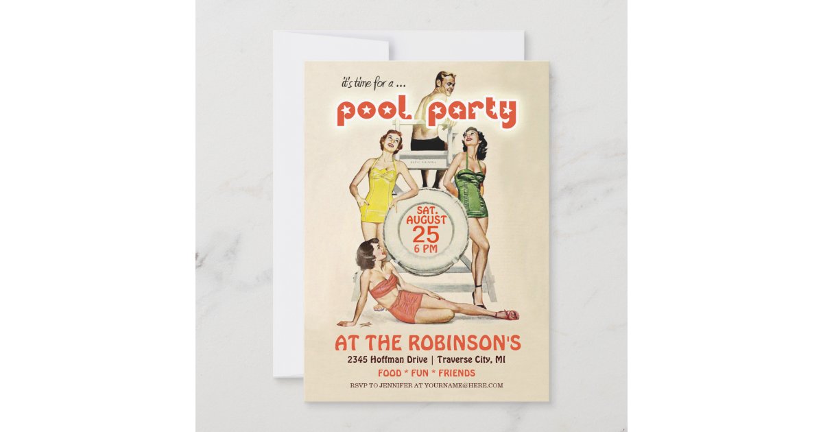 Cute Retro Vintage Pool Party Invitation | Zazzle