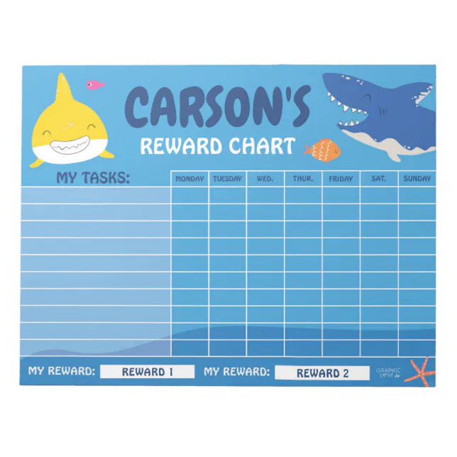 Cute Shark Reward Chart Personalised Name & Tasks Notepad | Zazzle