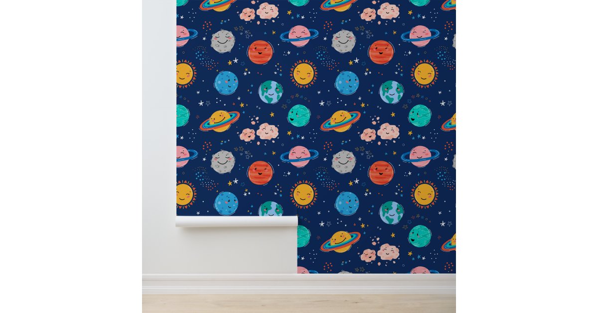 Cute Smiling Planet Pattern Wallpaper | Zazzle