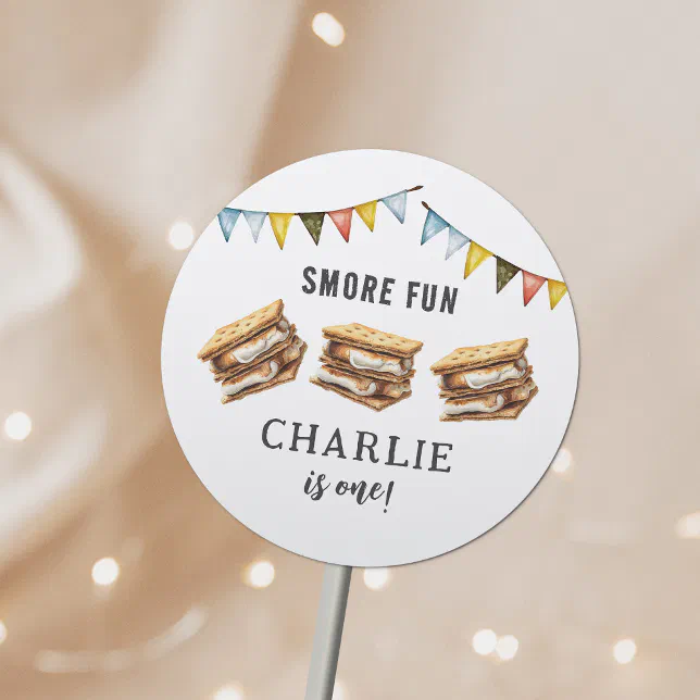Cute Smores Camping Rustic 1st Birthday Classic Round Sticker | Zazzle