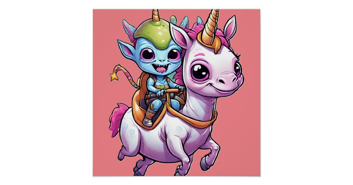 Cute Space Alien riding unicorn funny UFO Poster | Zazzle