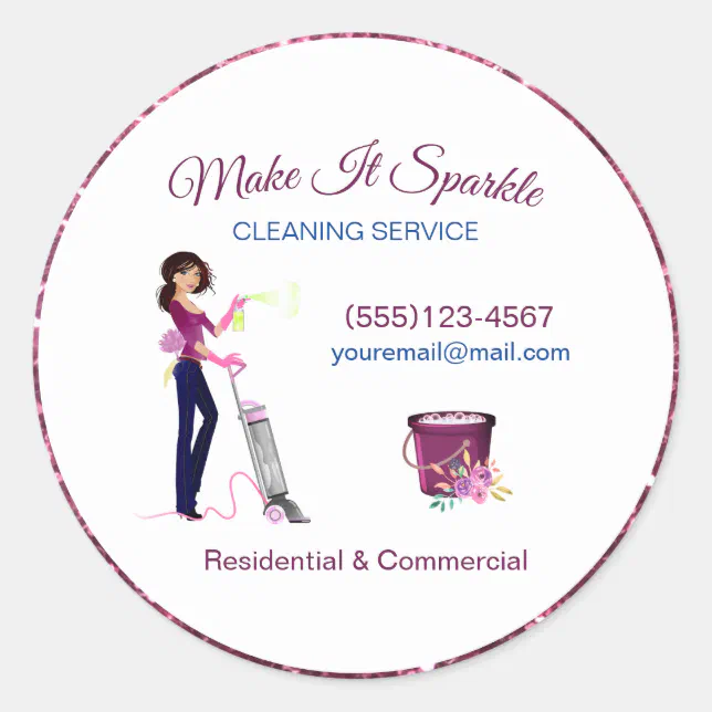 Cute Sparkle Cartoon Maid Cleaning Services Classic Round Sticker | Zazzle