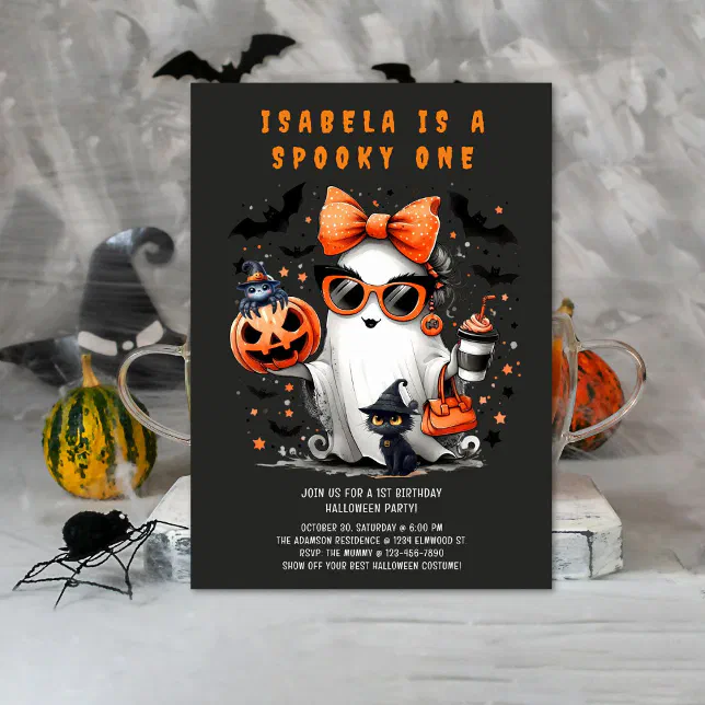 Cute Spooky One Ghost Halloween 1st Birthday Party Invitation | Zazzle