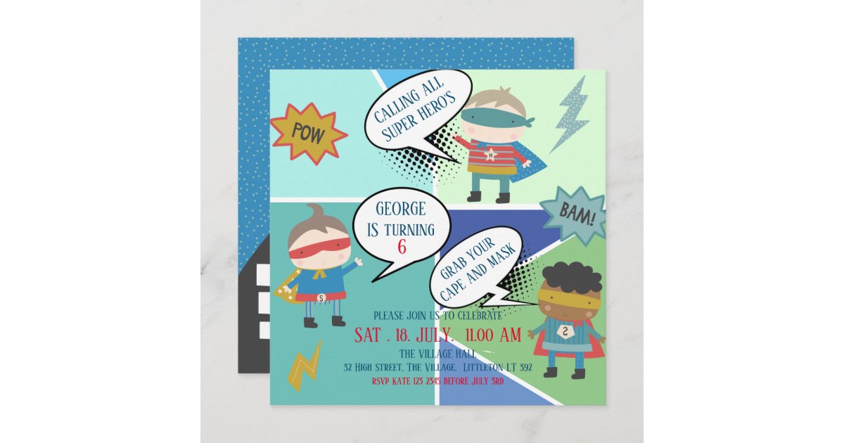Cute Super hero comic strip Kids Invitation | Zazzle