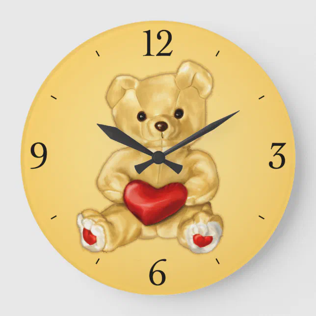 Cute Teddy Bear Holding Heart – Adorable Plush Toy Large Clock | Zazzle