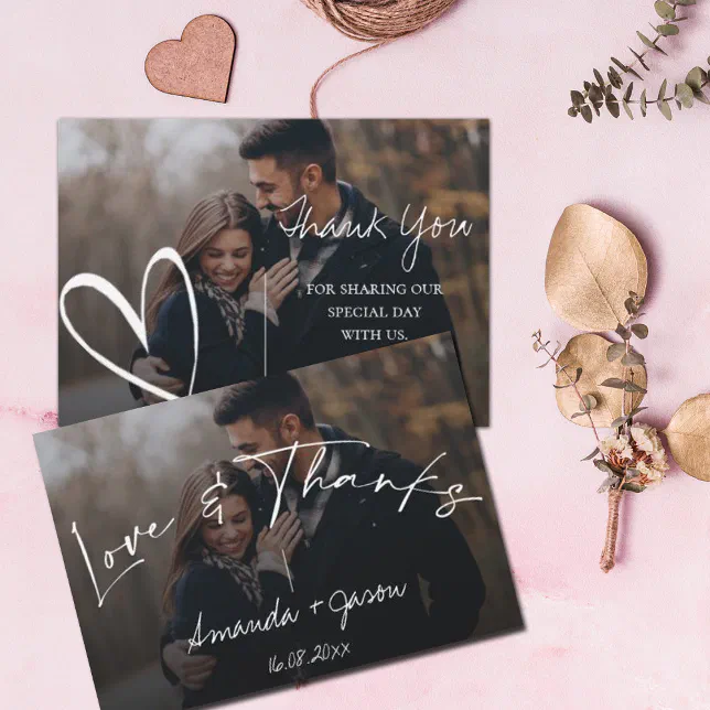 Cute Text Overlay Pretty Script Photo Wedding Thank You Card | Zazzle