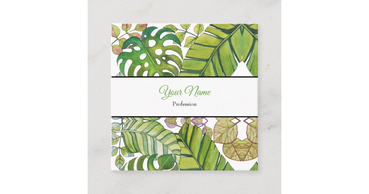 Cute Tropical Leaves In Watercolor Square Business Card | Zazzle
