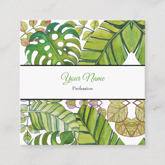 Cute Tropical Leaves In Watercolor Square Business Card | Zazzle