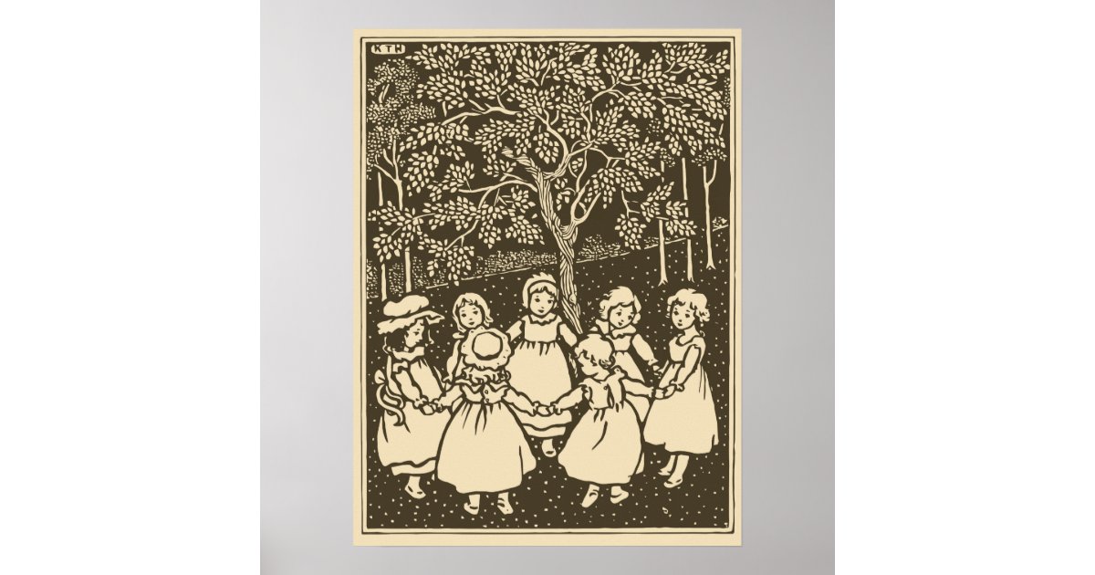Cute vintage little girls dancing jingo ring poster | Zazzle