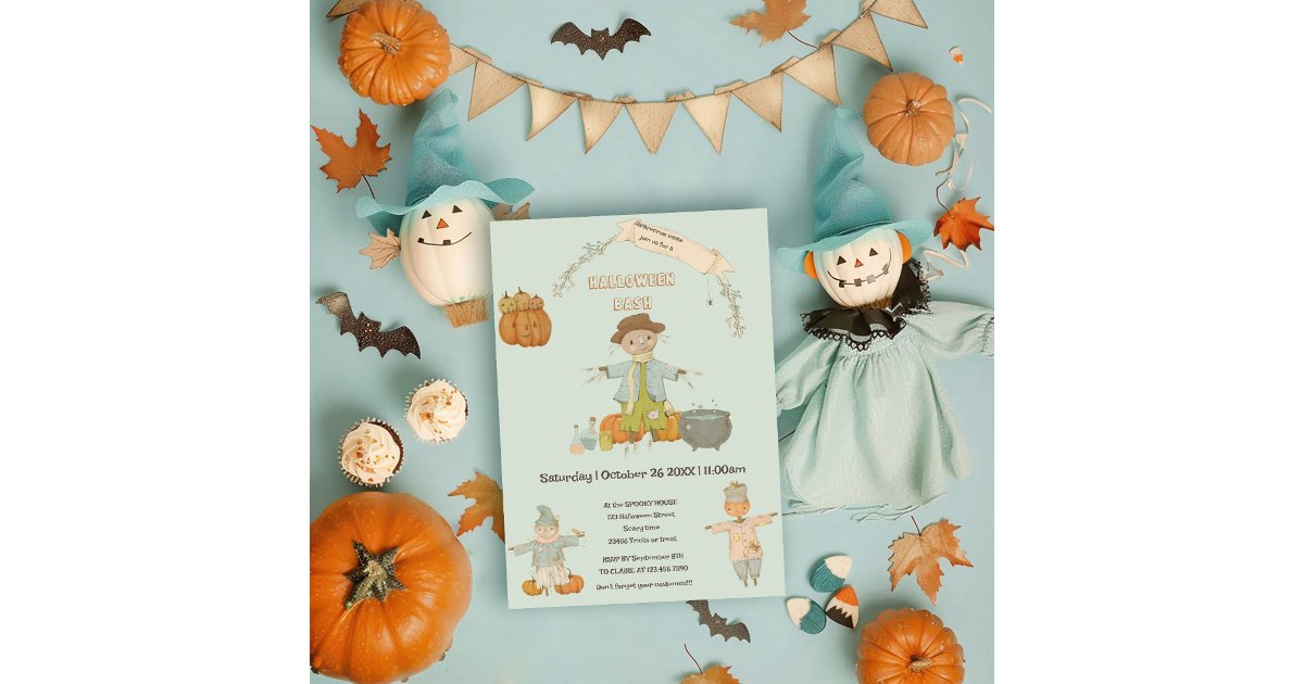 Cute Vintage scarecrow halloween bash Invitation | Zazzle