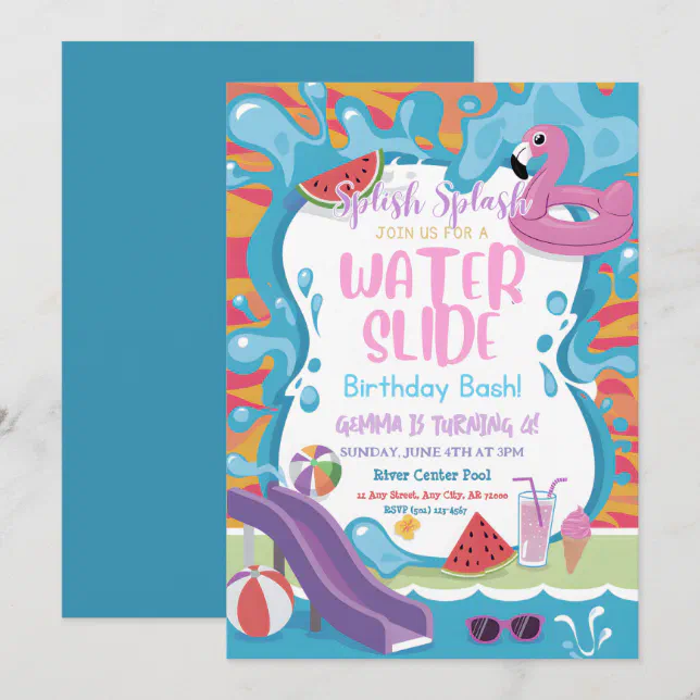 Cute Water Slide Pool Kids Birthday Party Invitation | Zazzle