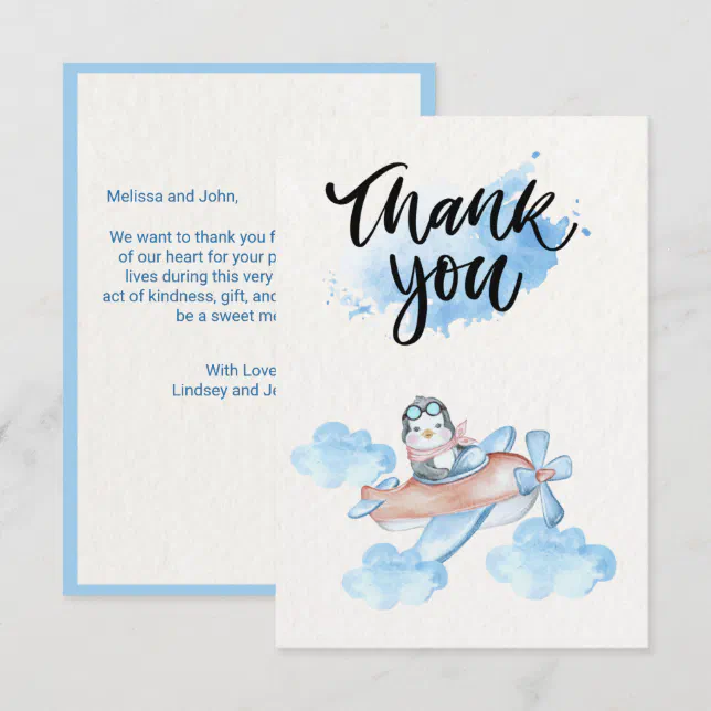 Cute Watercolor Blue White Pilot Penguin Thank You Card | Zazzle