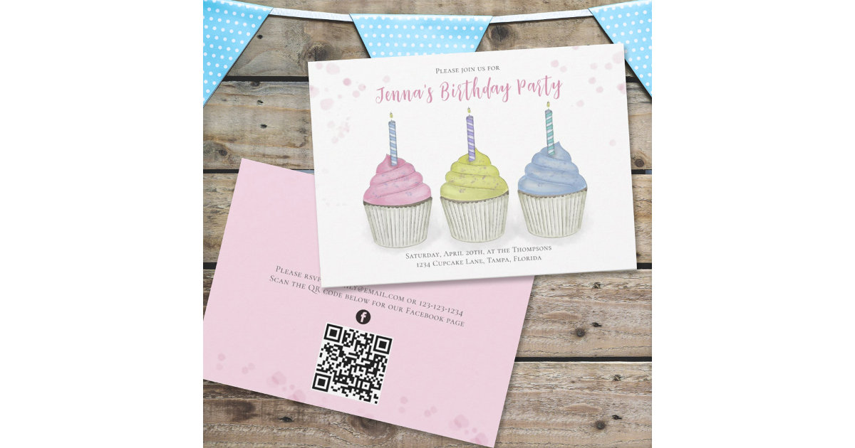 Cute Watercolor Cupcakes QR Code Social Media Invitation | Zazzle