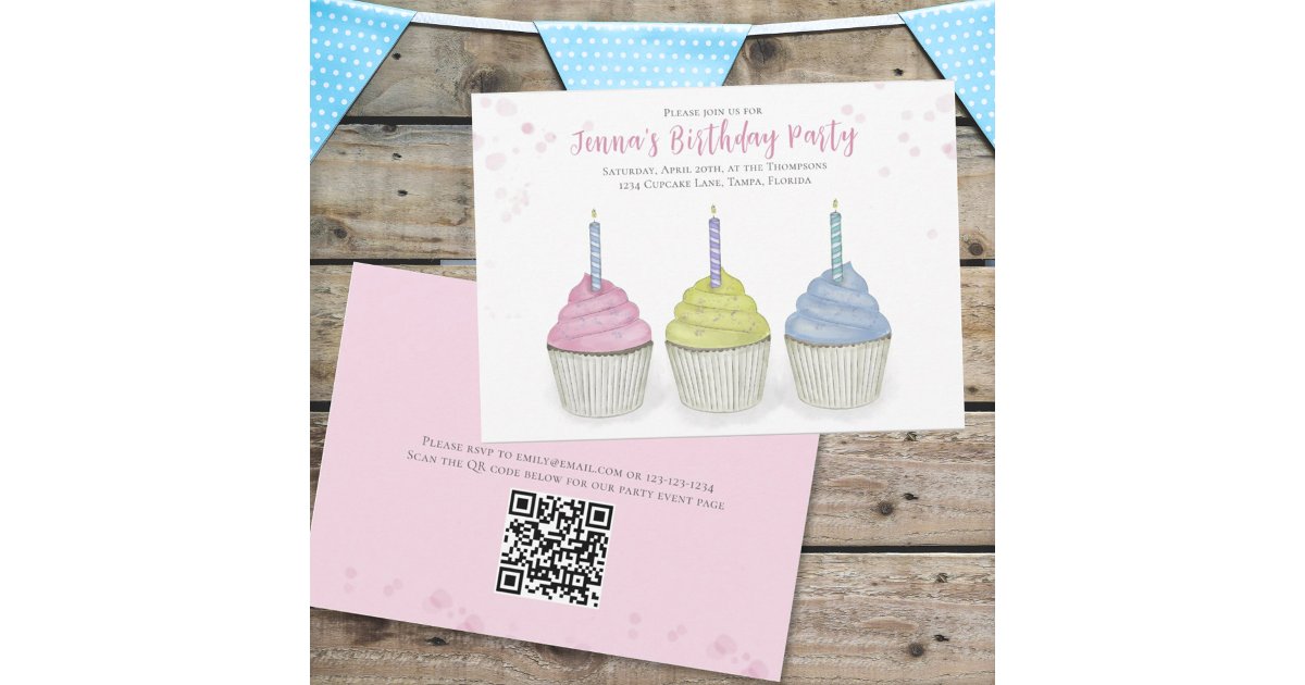 Cute Watercolor Cupcakes Whimsical Party QR Code Invitation | Zazzle
