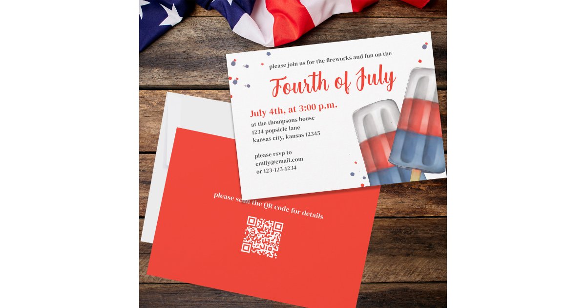 Cute Watercolor Red White Blue 4th of July QR Code Invitation | Zazzle