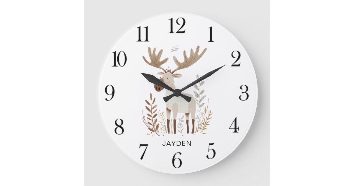 Cute Watercolor Woodland Moose Personalised Large Clock | Zazzle