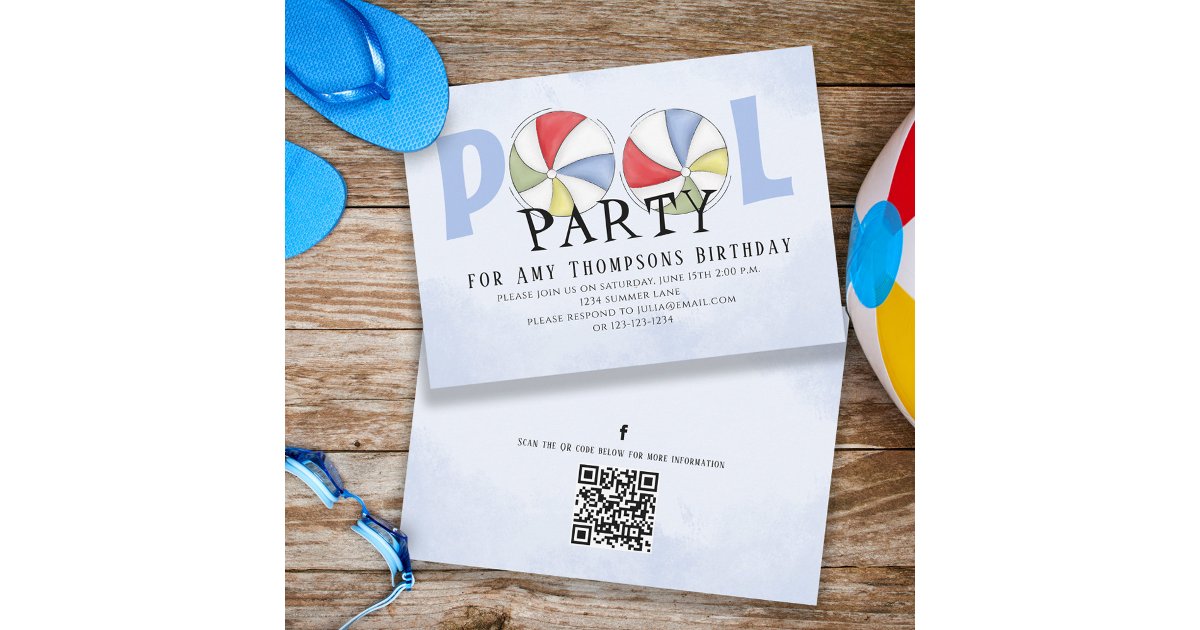 Cute Whimsical Fun Pool Party QR Code Social Media Invitation | Zazzle