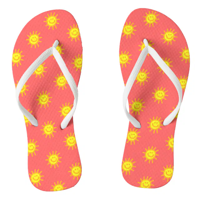 Cute Whimsical Happy Face Sun Coral Flip Flops | Zazzle