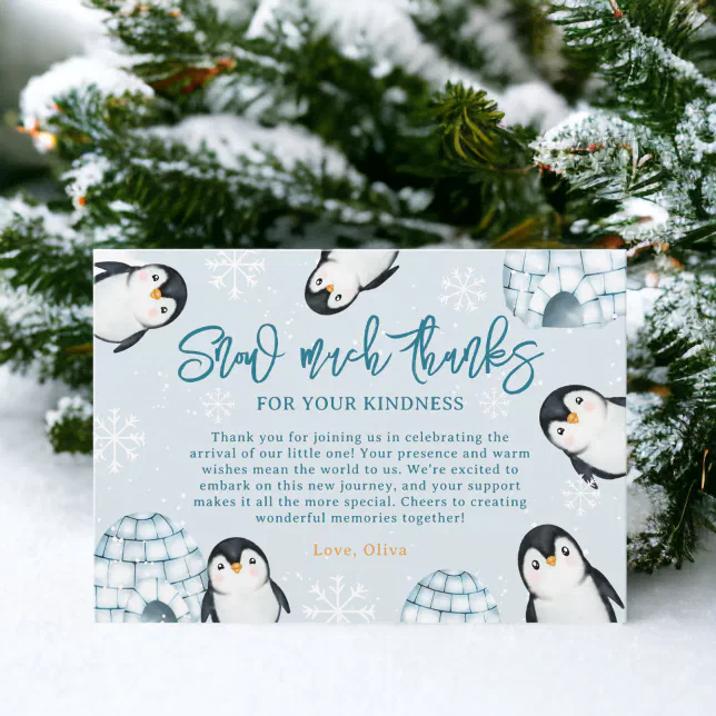 Cute winter penguin igloos snow baby shower thank you card | Zazzle