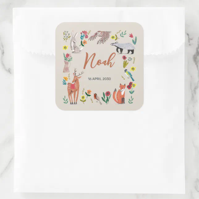 Cute Woodland Animals Neutral Baby Shower Square Sticker | Zazzle