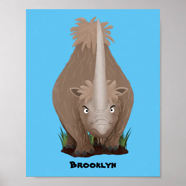 Cute woolly rhino elasmotherium cartoon poster | Zazzle