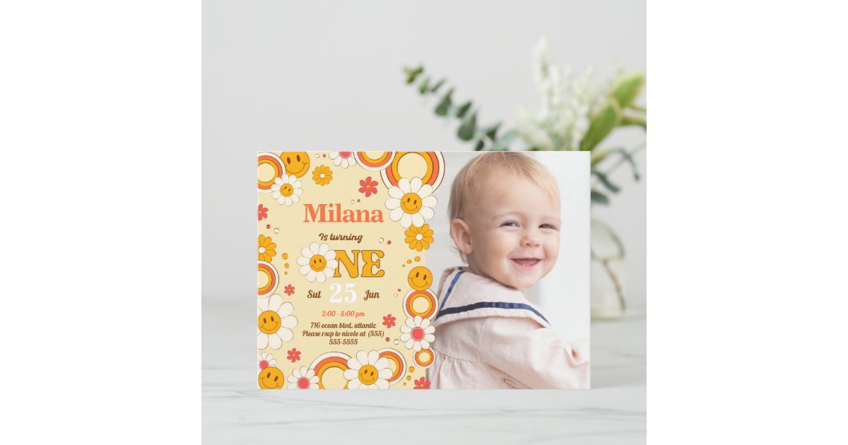 Daisy Flower First Birthday Photo Invitation Card | Zazzle