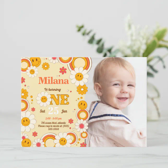 Daisy Flower First Birthday Photo Invitation Card | Zazzle